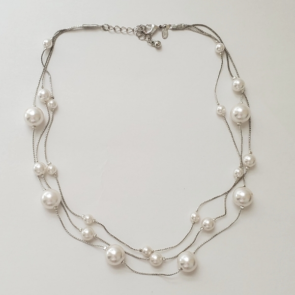 Jewelry | Multilayer Faux Pearl Necklace On Silver Chain | Poshmark